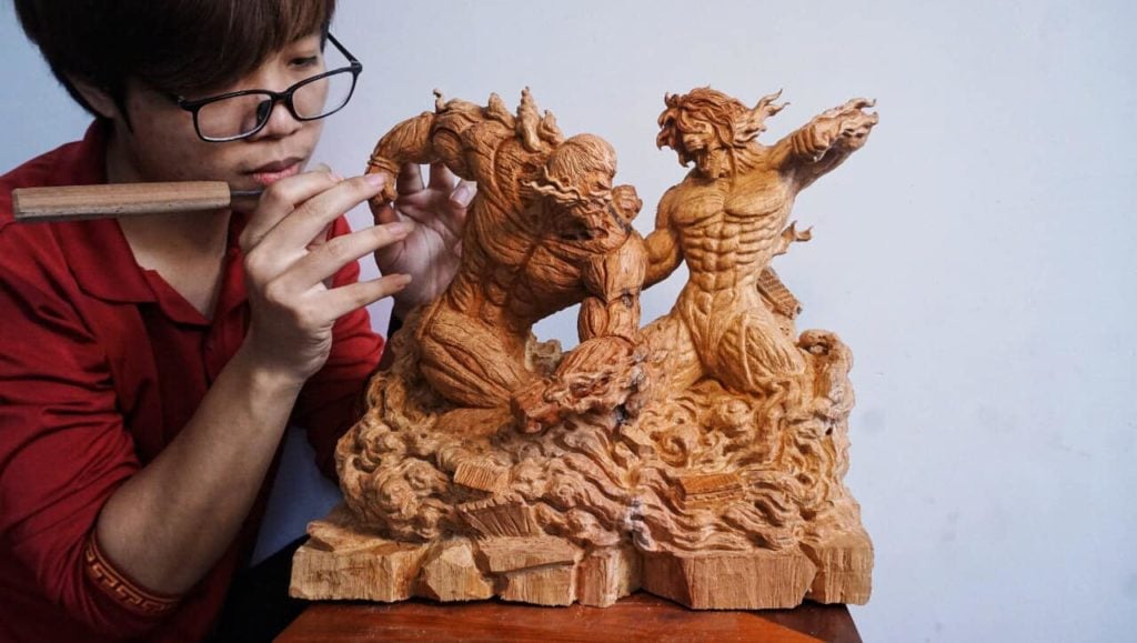 Anime Sculptor Turns Simple Wood Blocks Into Iron-Man & Goku Statues